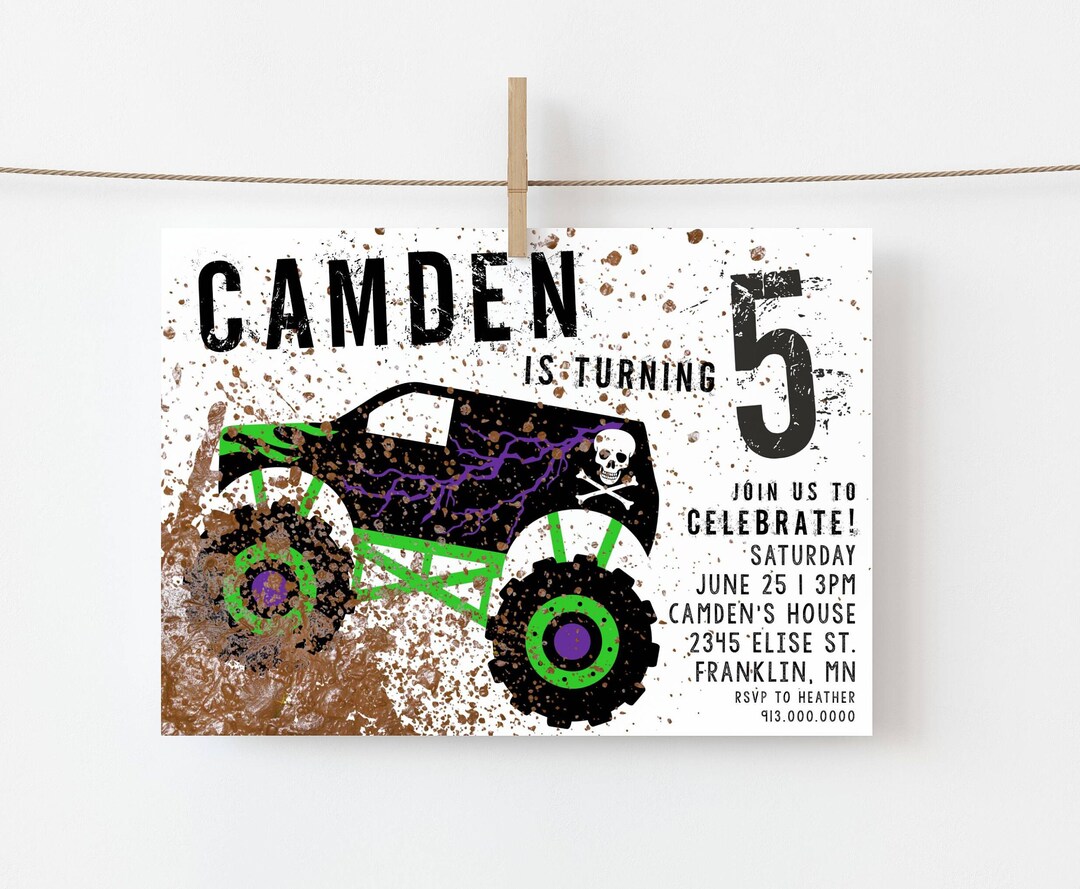 Monster Truck Birthday Party Invitation Printable Template, Grave ...