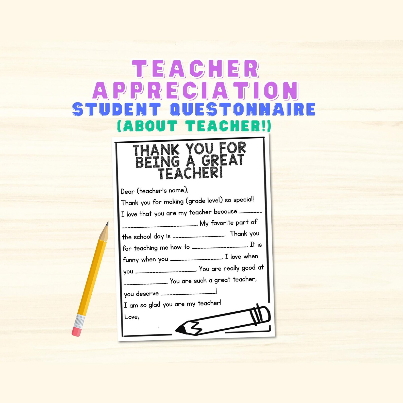 Teacher Appreciation Student Questionnaire, Instant Download, Editable ...