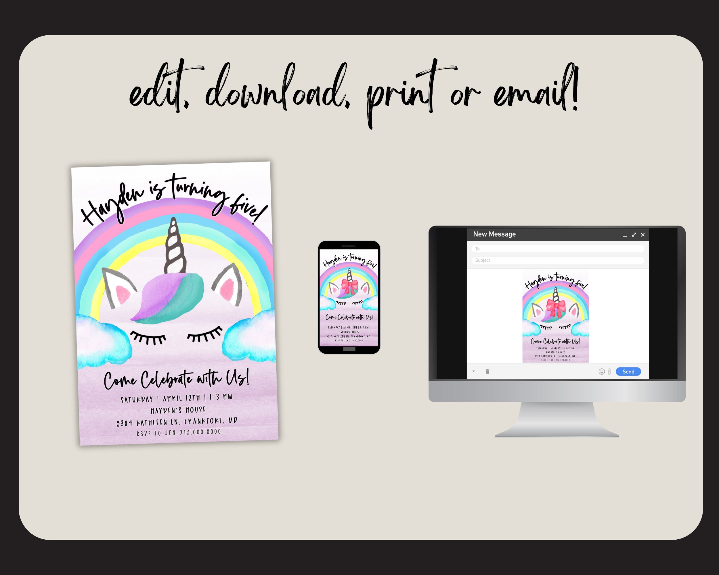 Rainbow Unicorn Birthday Invitation Template, Rainbow Unicorn Purple ...