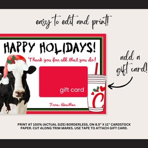 Teacher Christmas Gift Card Printable Template Holiday Chick-fil-a Gift ...