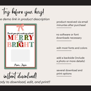 Teacher Christmas Gift Card Printable Template, Christmas Holidays ...
