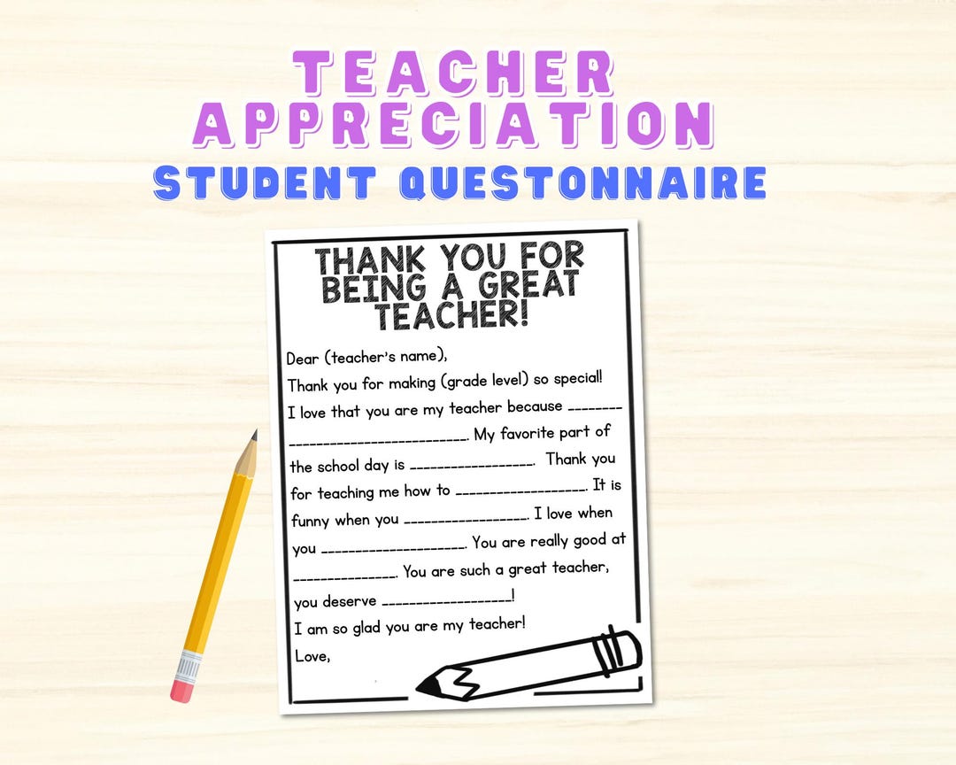 Teacher Appreciation Student Questionnaire, Instant Download, Editable ...