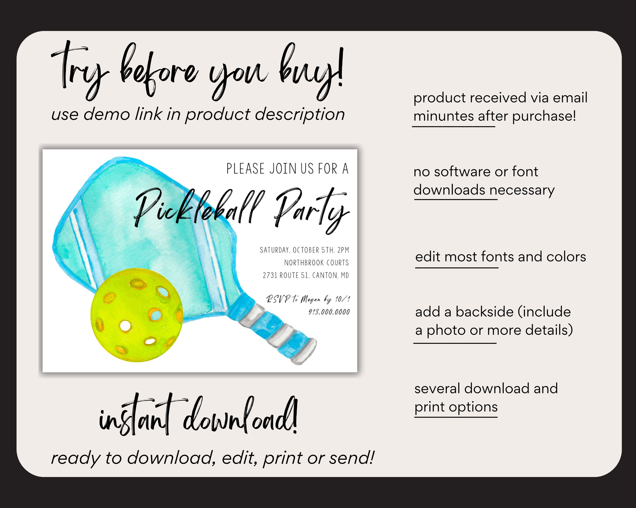 Pickleball Party Invitation Printable Template, Editable Instant ...
