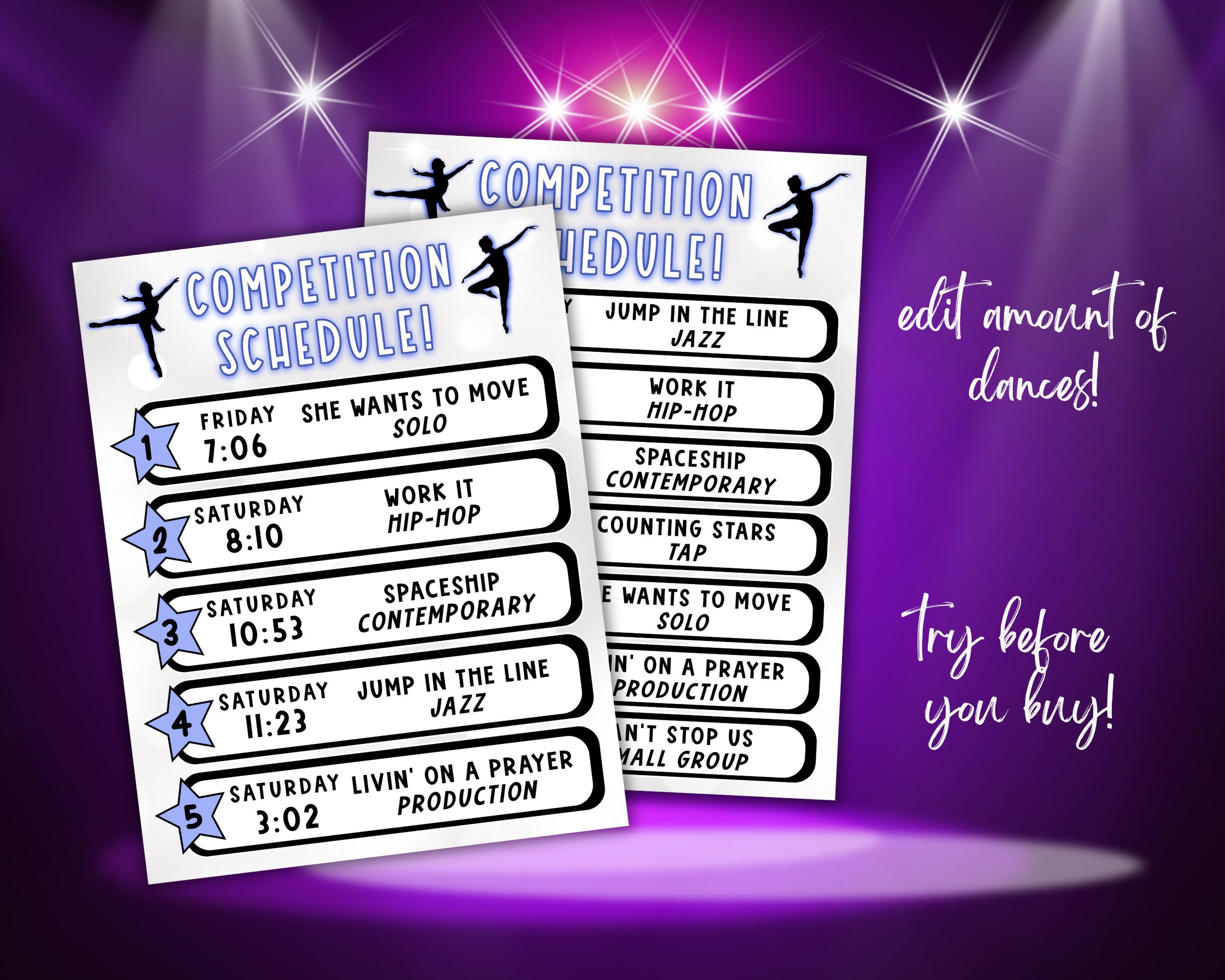 Dance Competition Printable Schedule Template, Editable Dance ...