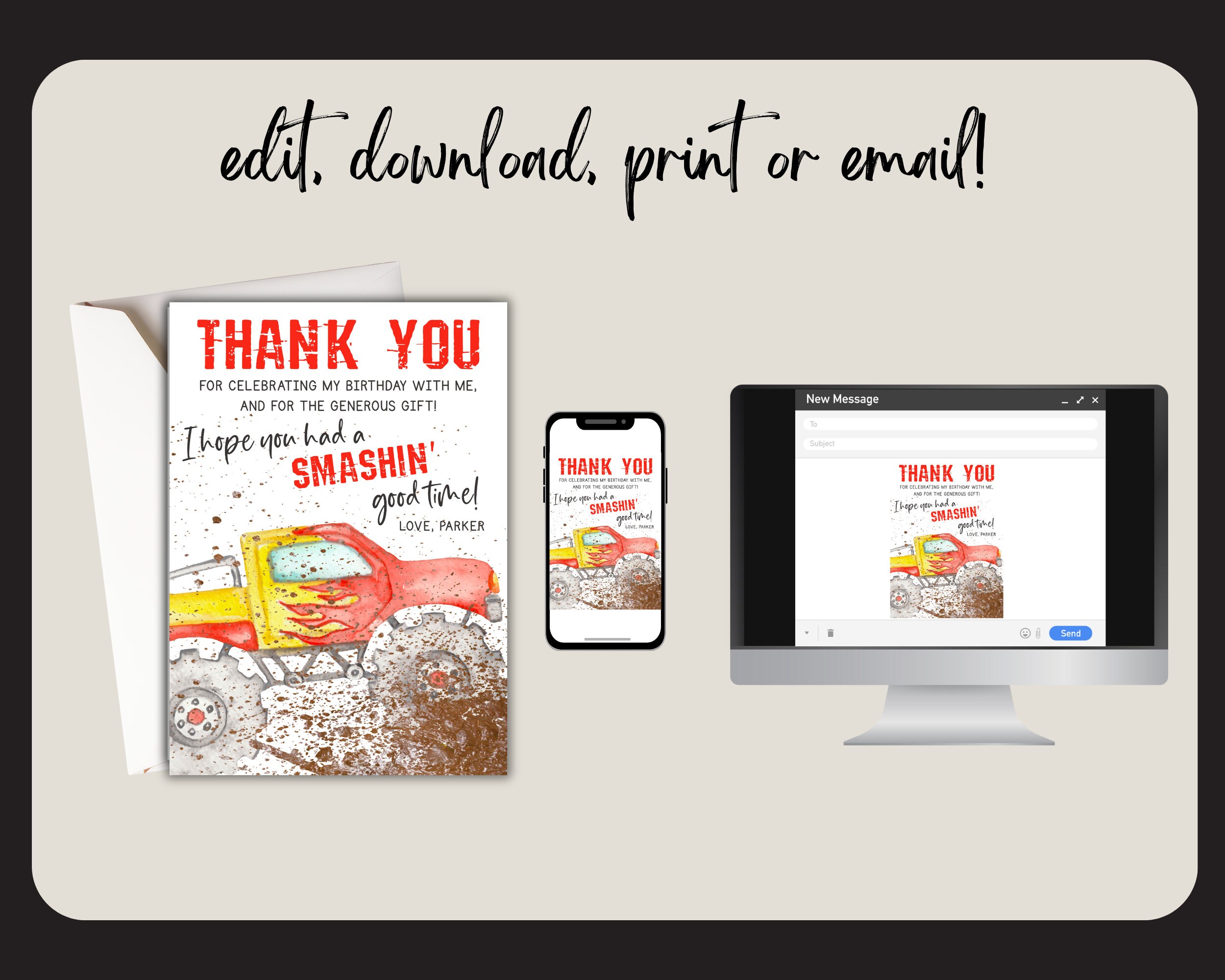 Monster Truck Birthday Thank You Card Printable Template Monster Truck ...