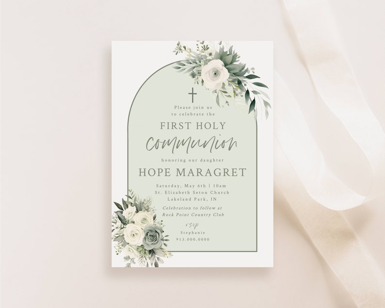 Communion Invitation Printable Template, Sage Green Cream Floral First ...