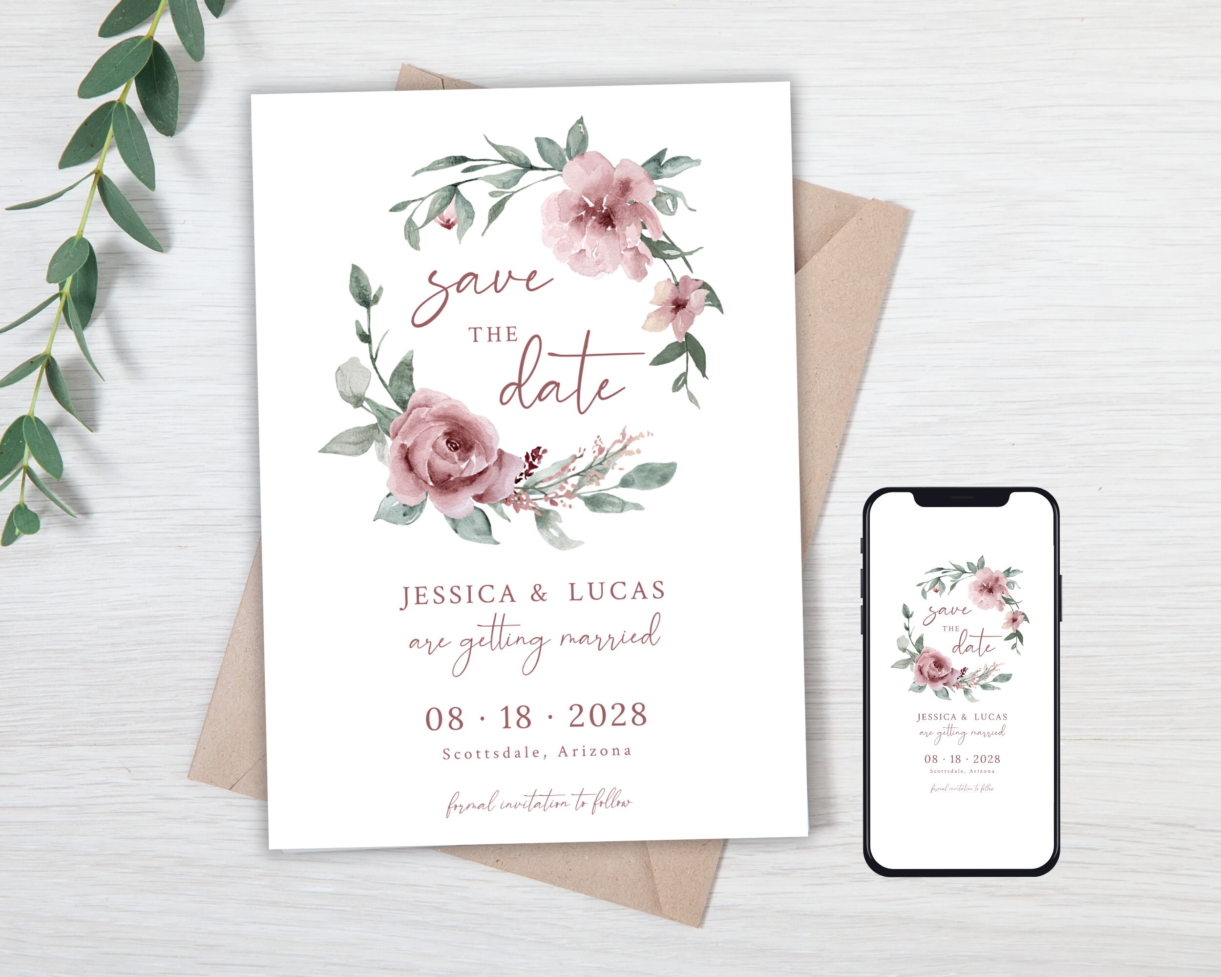 Dusty Rose Save the Date Printable Template, Floral Dusty Rose Pink ...