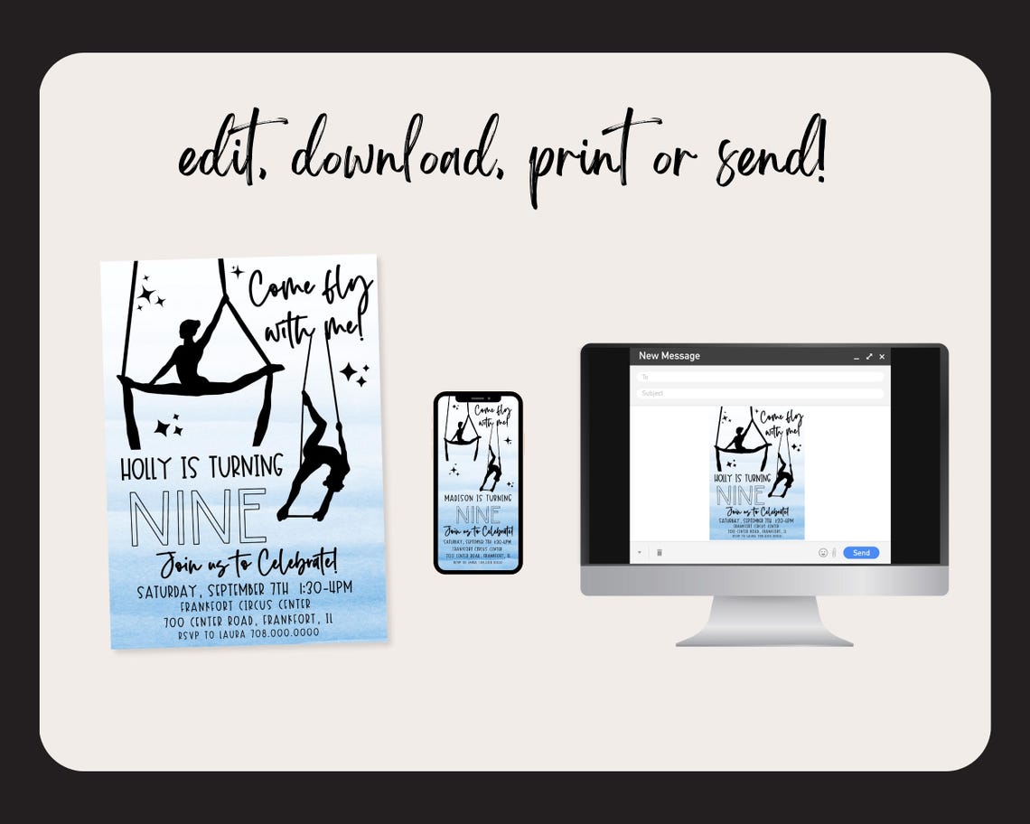 Aerial Swing Birthday Invite, Aerial Silk Birthday Party Invitation ...
