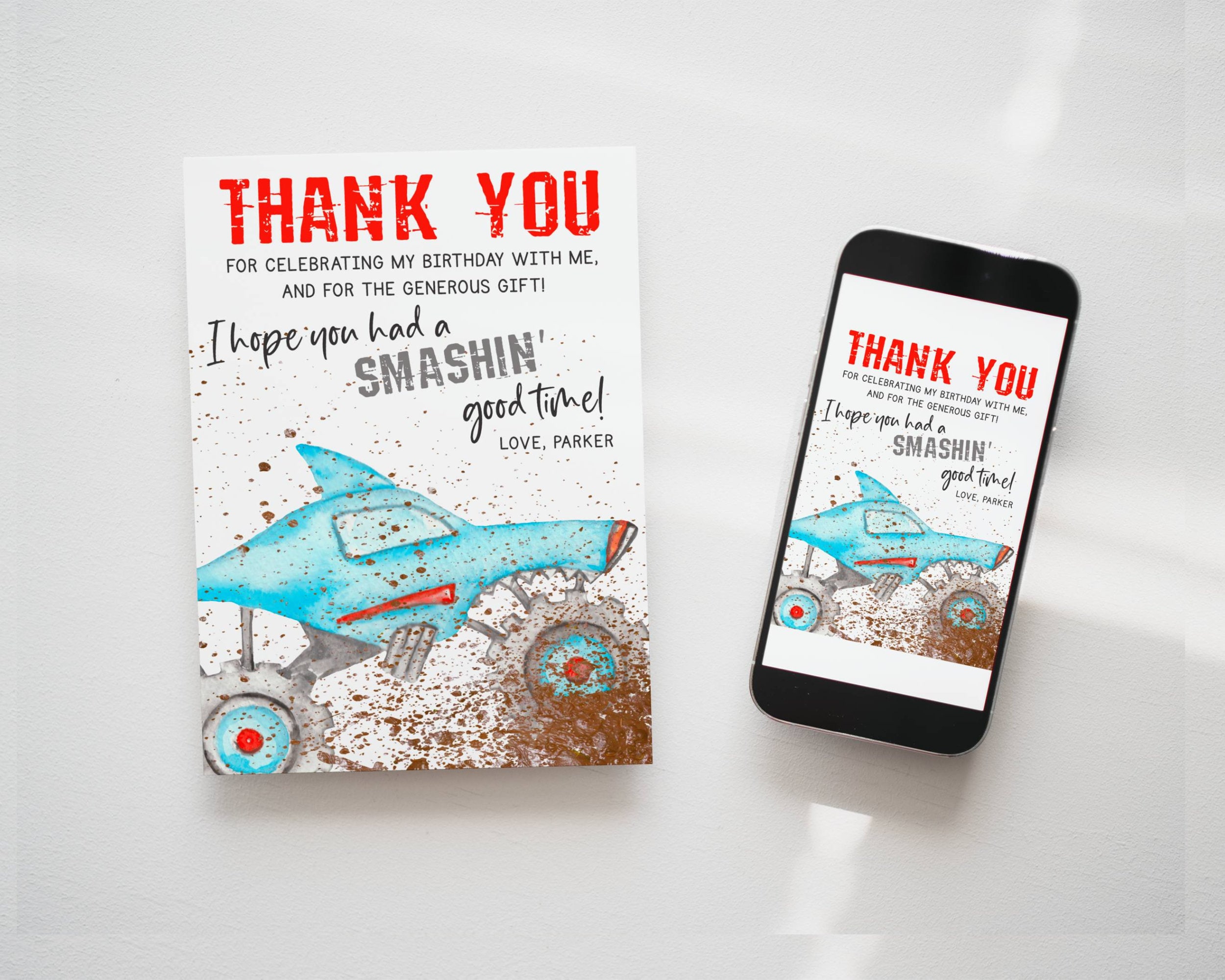 Megalodon Birthday Thank You Card Printable Template Monster Truck ...