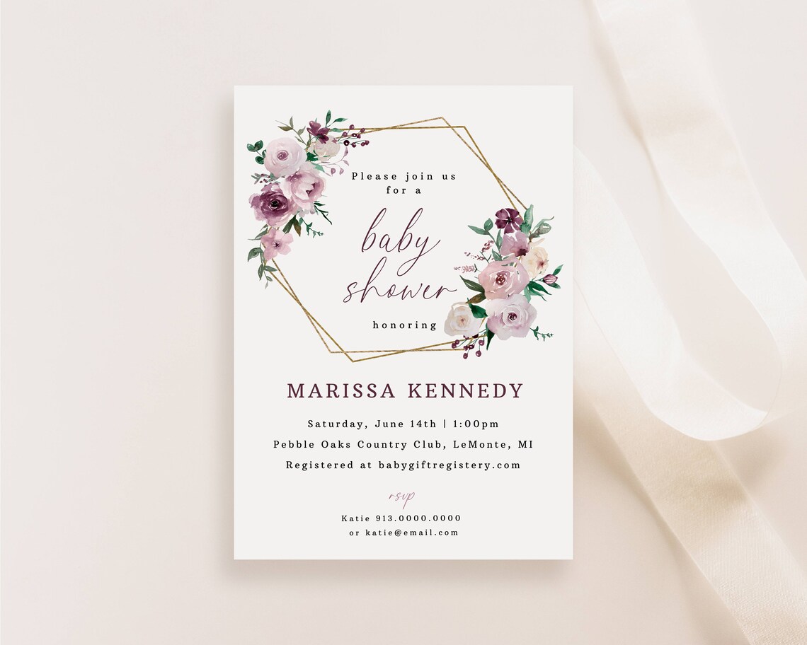 Floral Baby Shower Printable Invitation Template Modern Mauve Blush ...