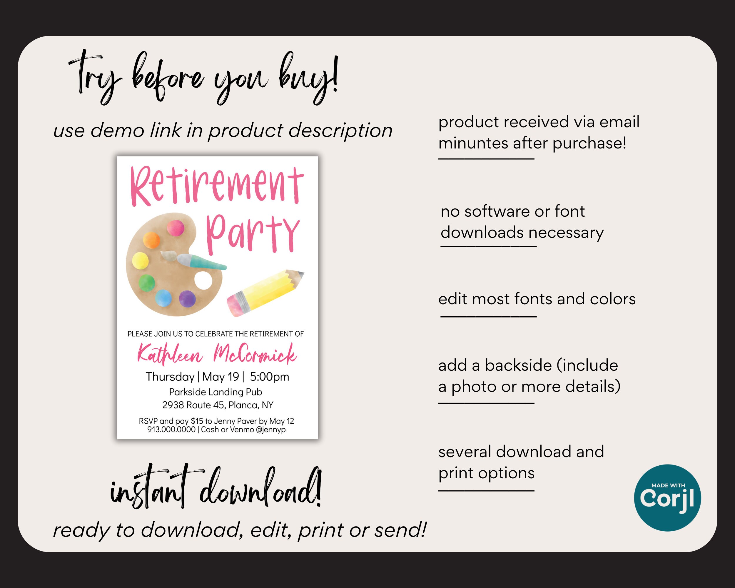 Art Teacher Retirement Printable Invitation Template, Print or Digital ...