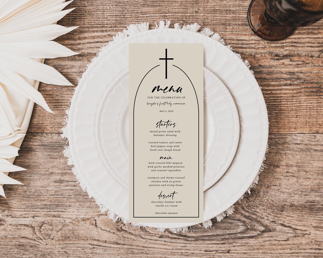 First Communion Menu Card Black Beige Minimalist Modern Beige Tan Black ...