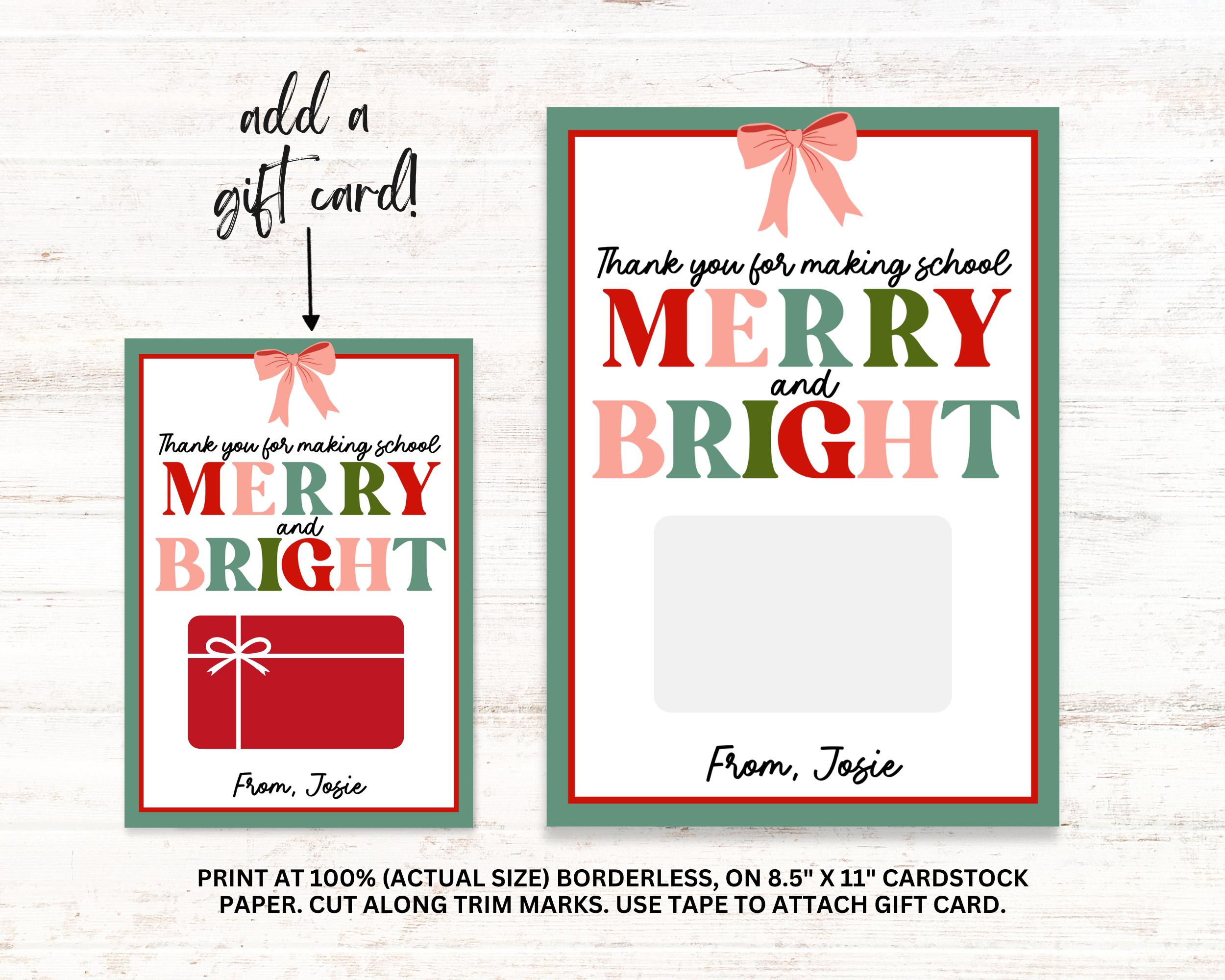 Teacher Christmas Gift Card Printable Template, Christmas Holidays ...