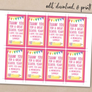 Thank You Teacher End of Year Gift Tag Printable Template School Staff ...