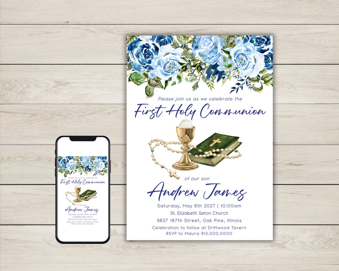 First Holy Communion Boy Printable Invitation Template, Blue Green ...