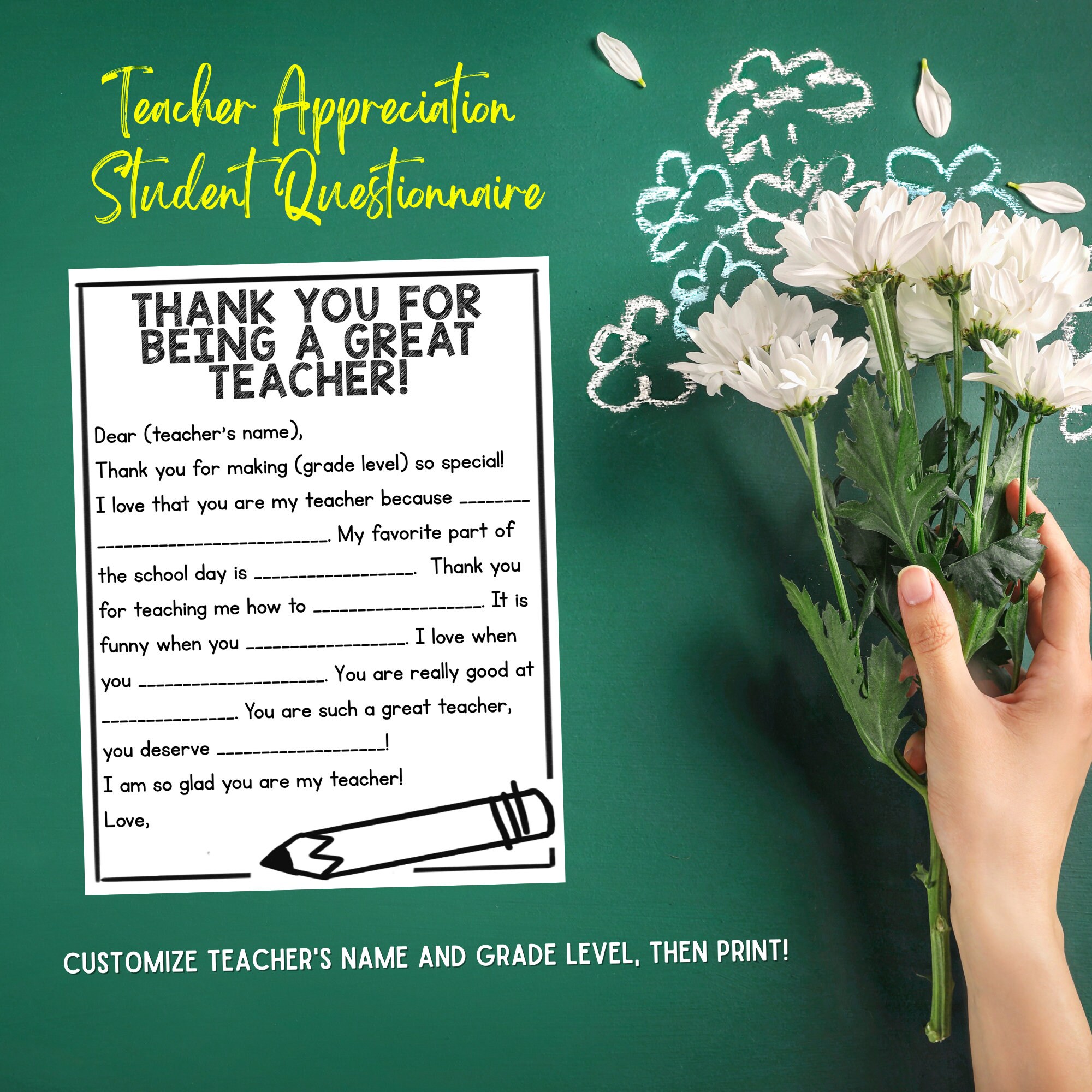 Teacher Appreciation Student Questionnaire, Instant Download, Editable ...