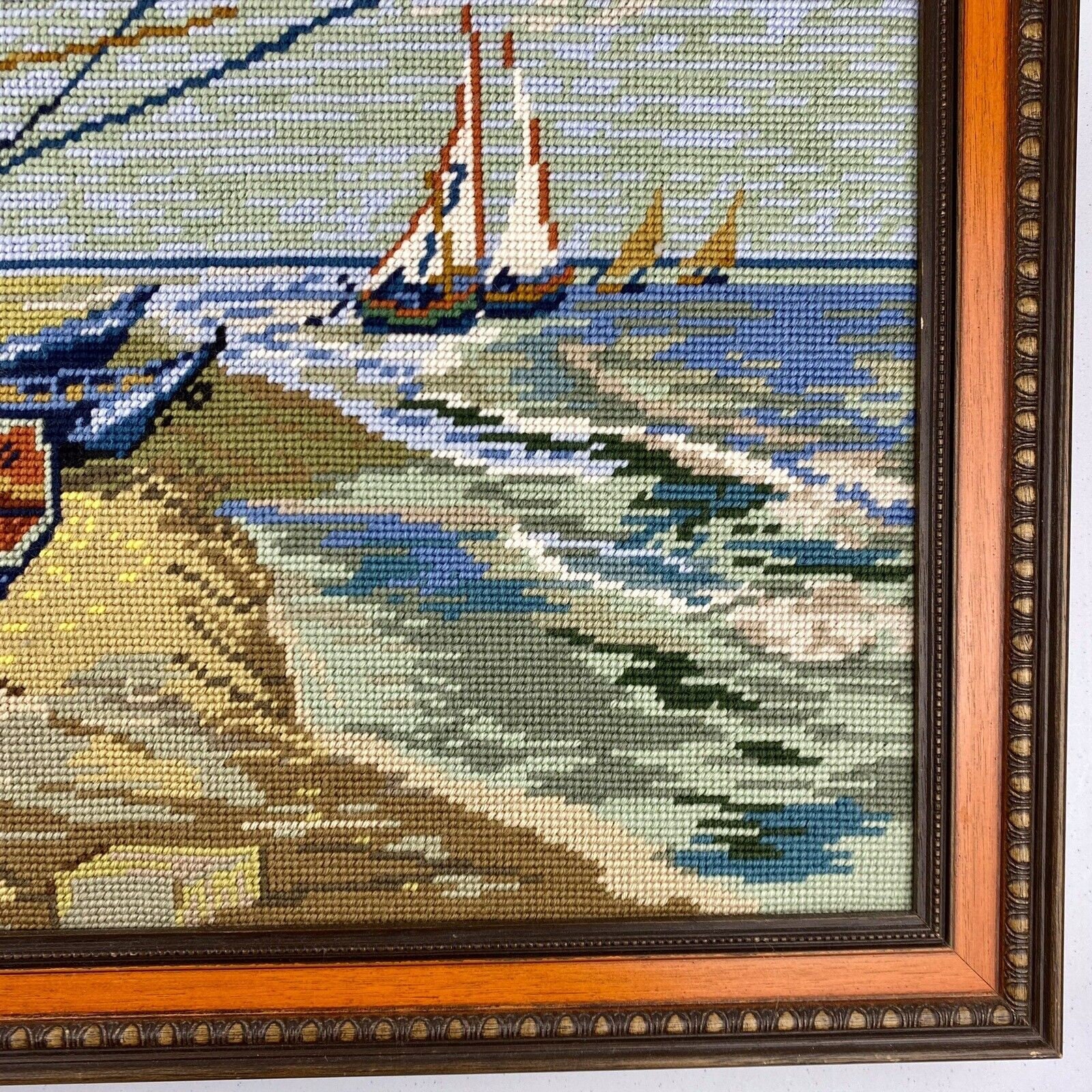 Vintage Framed Needlepoint Picture, Sailboats, Nautical Ships 20 X 23.5 ...