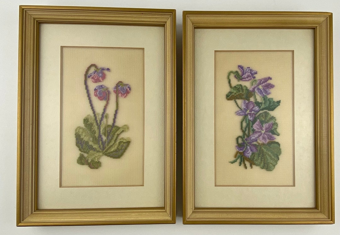 Vintage Petit Point Floral Wall Art Set of Two, Framed Embroidery ...