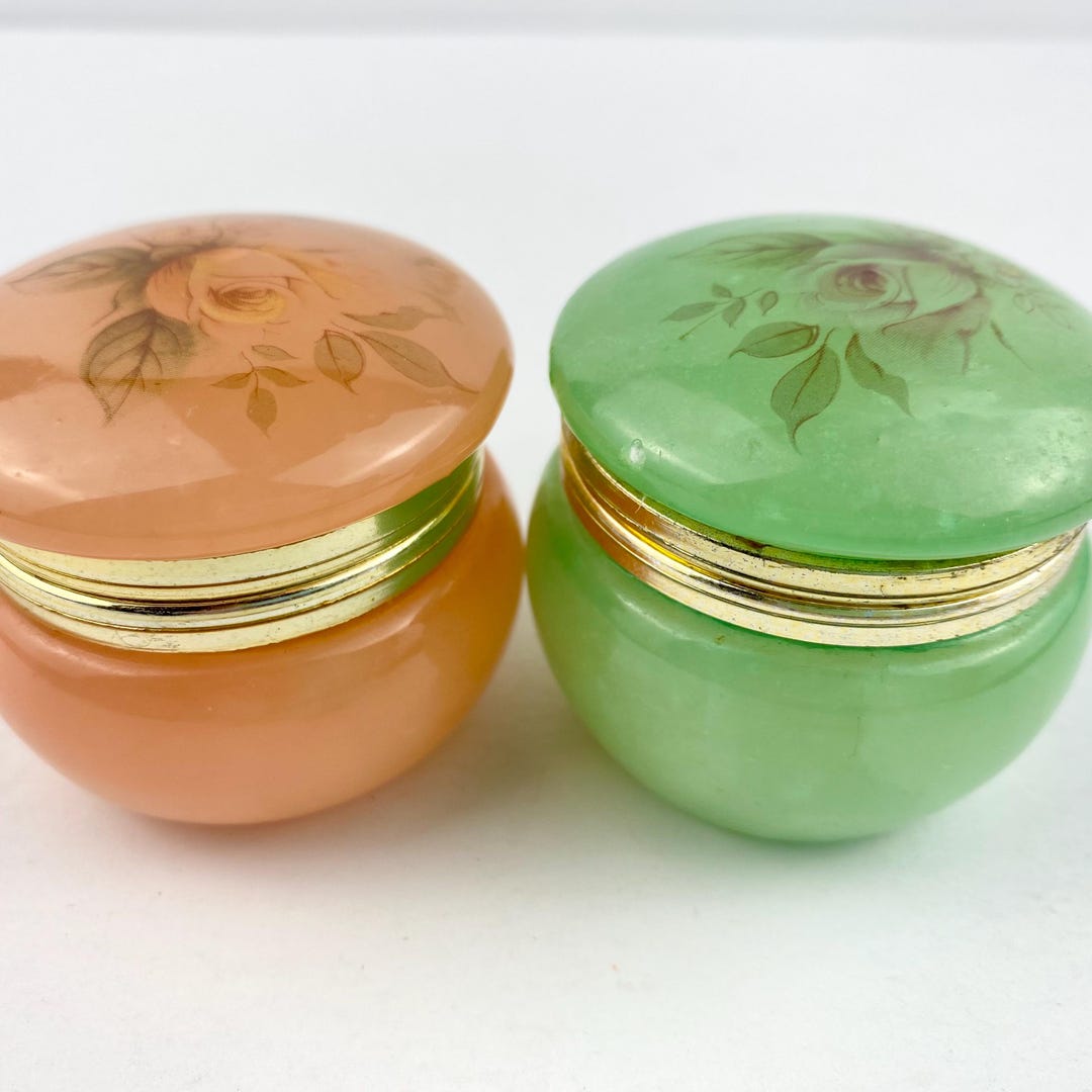 Pair Carved Alabaster Trinket Boxes, Small Hinged Green and Pink ...
