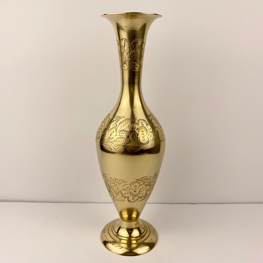 Vintage Etched Brass 12 Inch Vase, Made in India, Floral Engraved ...