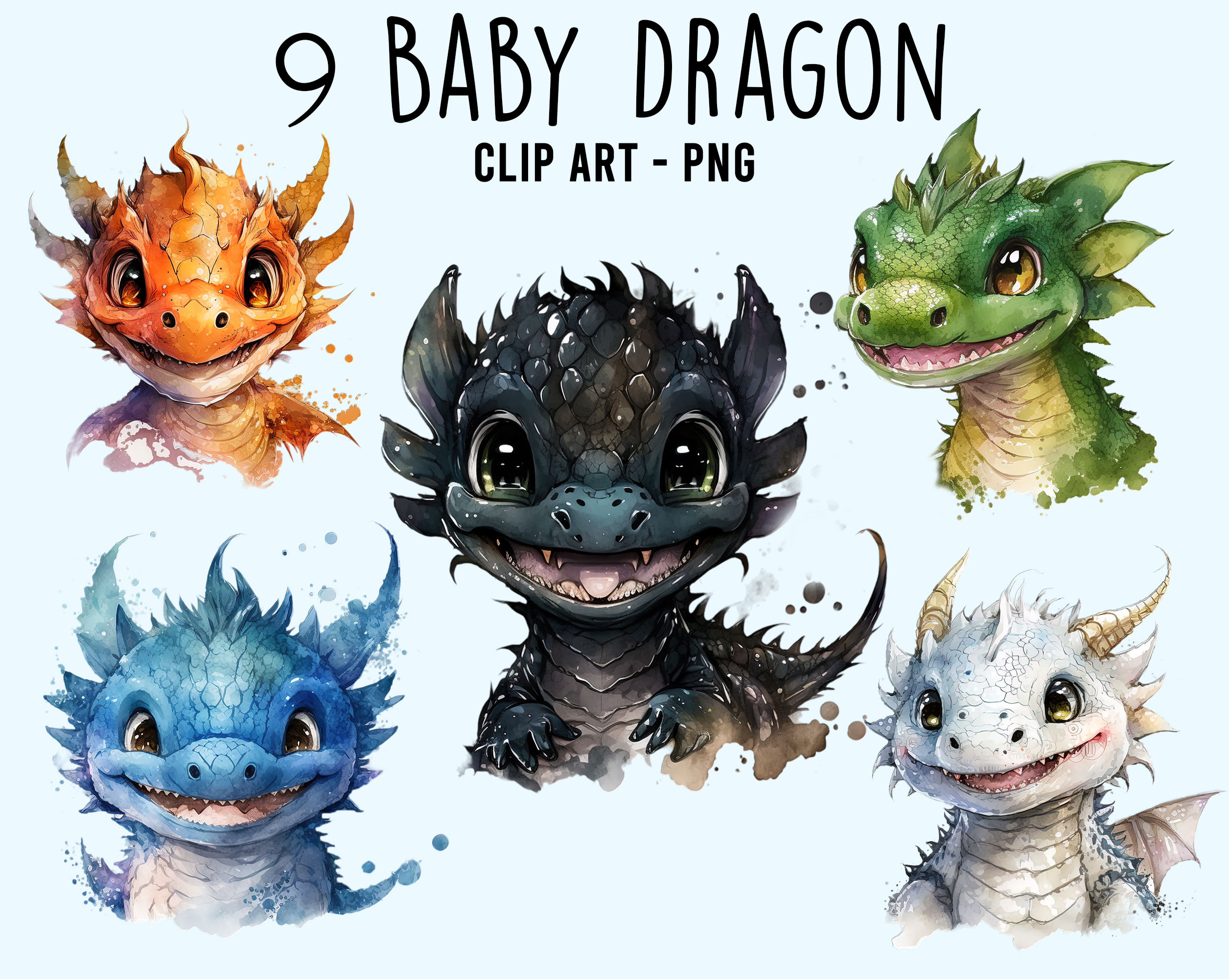 Watercolor Baby Dragon Headshot Clipart Magical Fantasy Dreamy Cute ...