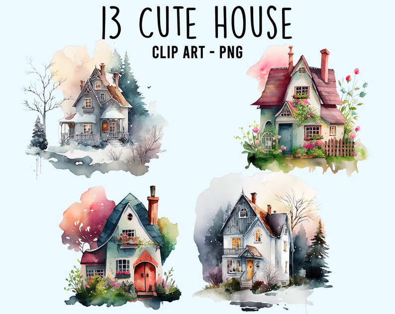 Watercolor Cute House Clipart - Beautiful Homes Winter Summer Spring ...