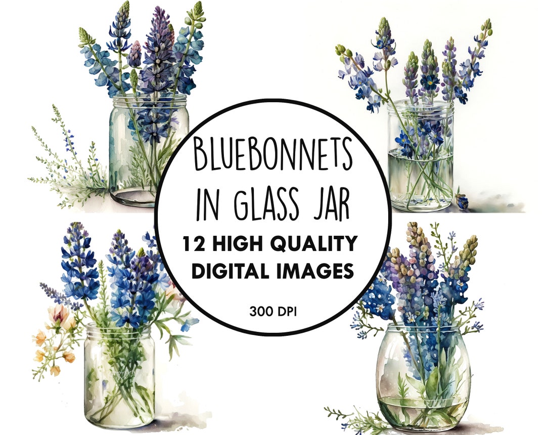 Bluebonnets in Glass Jar Watercolor - 12 High Quality Jpgs - Digital ...