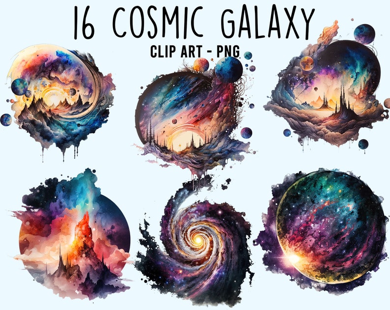 Watercolor Cosmic Galaxy Clipart - Space Planets Stars Moon Digital Art ...