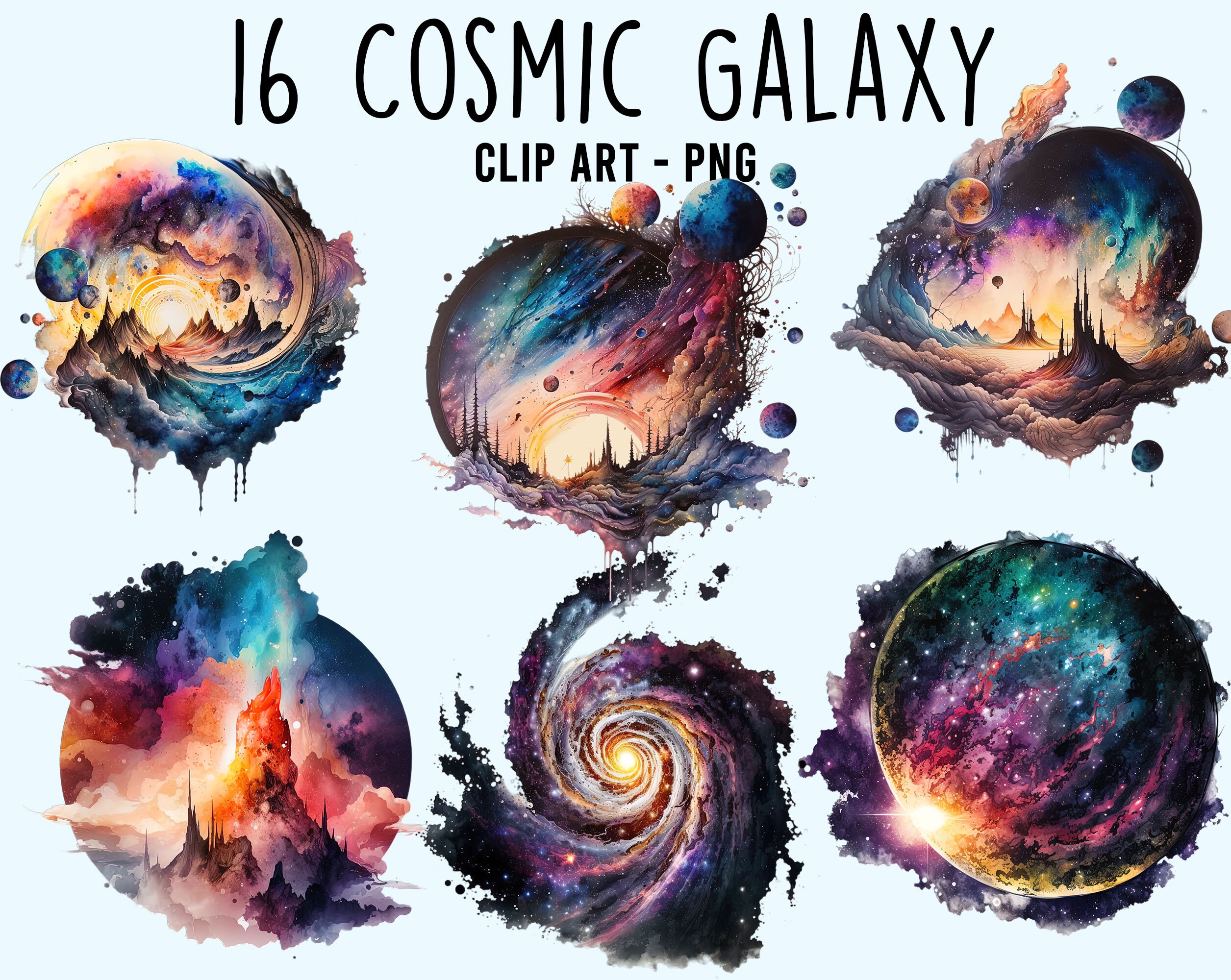 Watercolor Cosmic Galaxy Clipart - Space Planets Stars Moon Digital Art ...