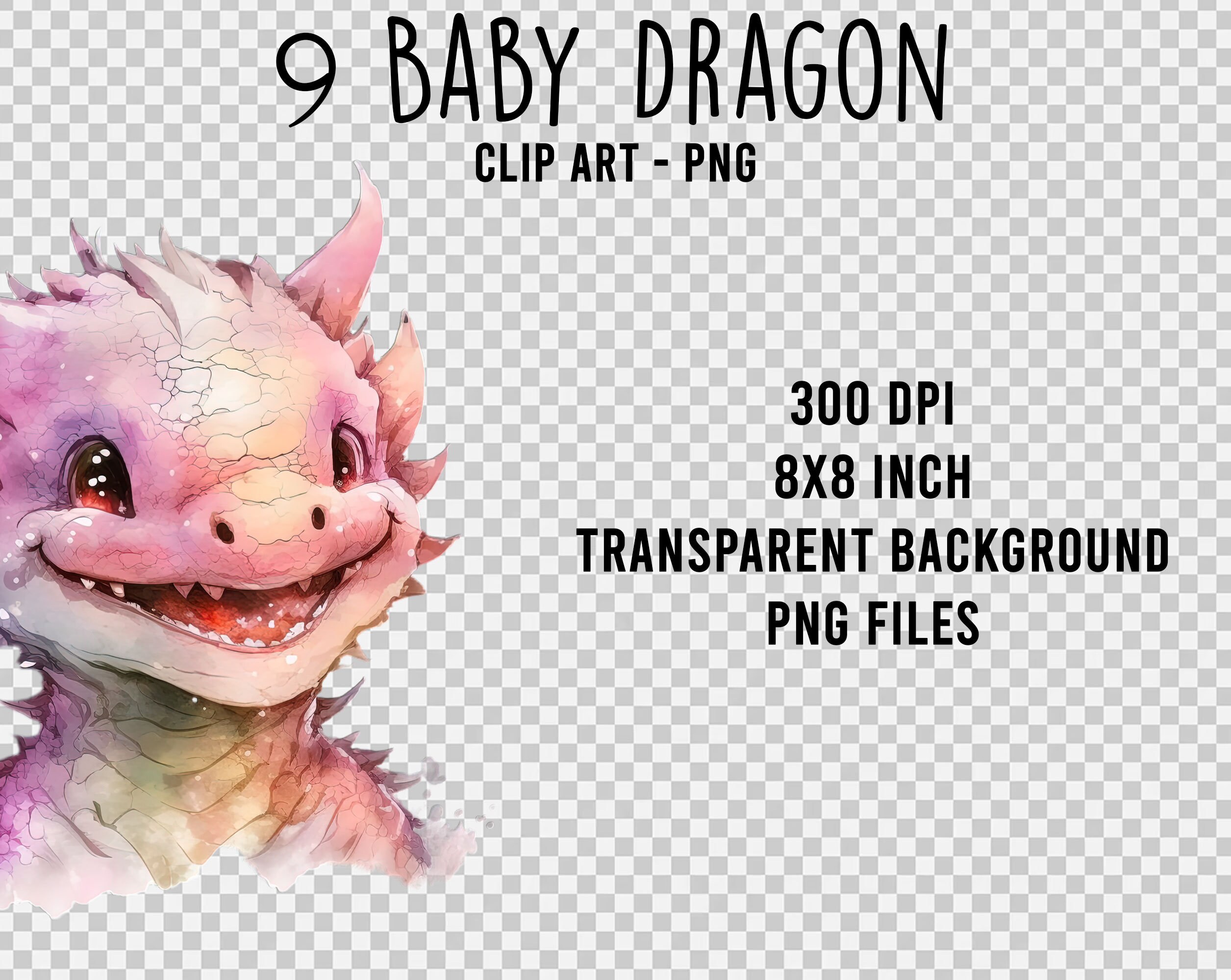 Watercolor Baby Dragon Headshot Clipart Magical Fantasy Dreamy Cute ...