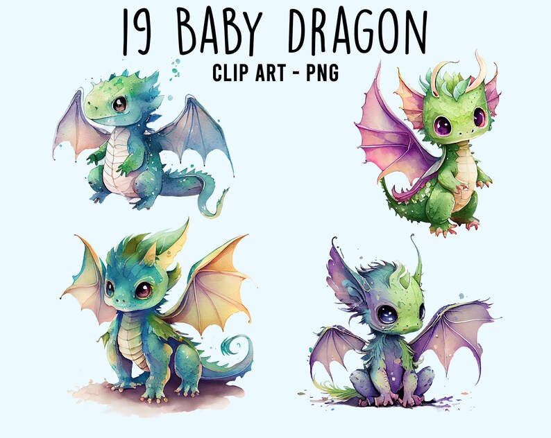 Watercolor Baby Dragon Clipart - Magical Fantasy Dreamy Cute Adorable ...