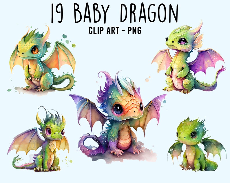 Watercolor Baby Dragon Clipart - Magical Fantasy Dreamy Cute Adorable ...