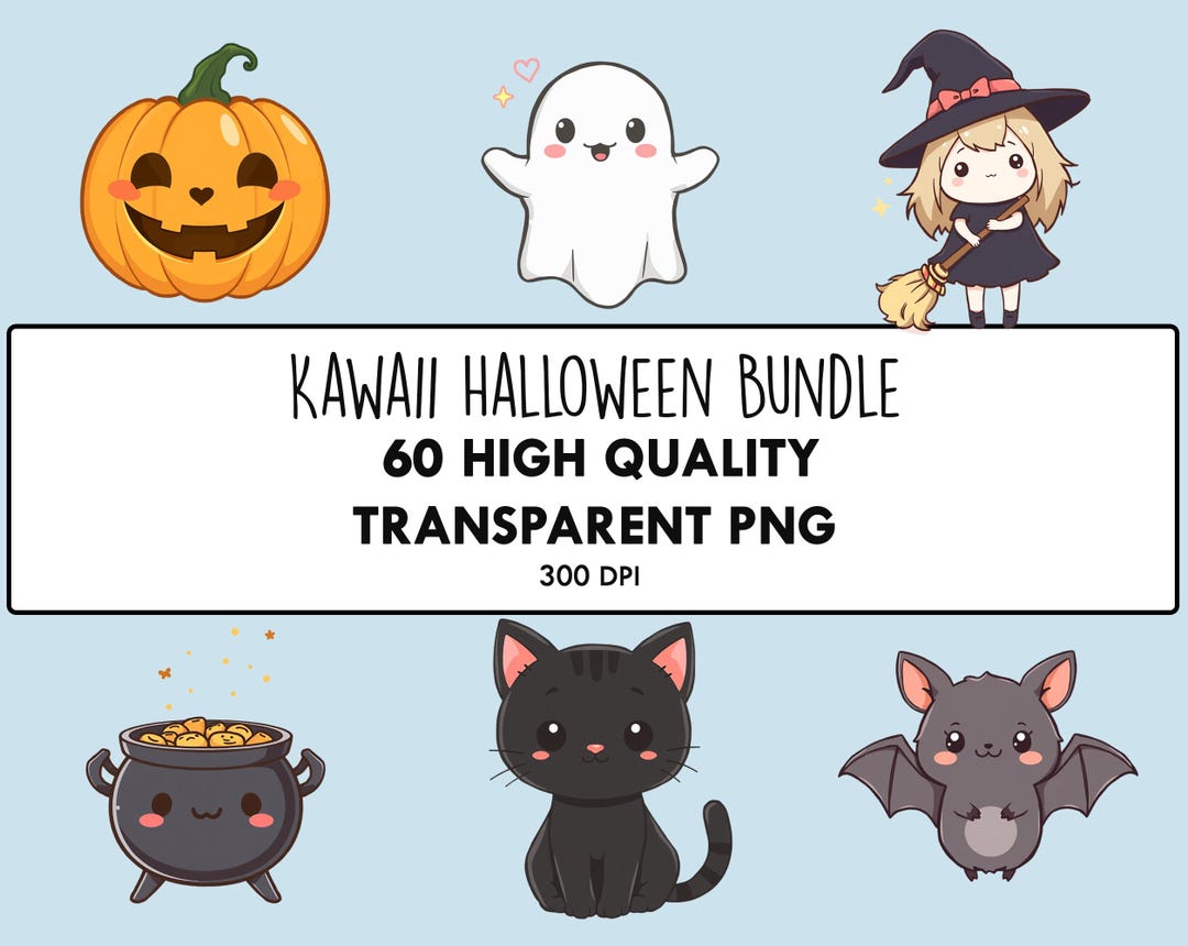 Kawaii Halloween Clipart Bundle - 60 Pngs - Digital Download - Cute ...