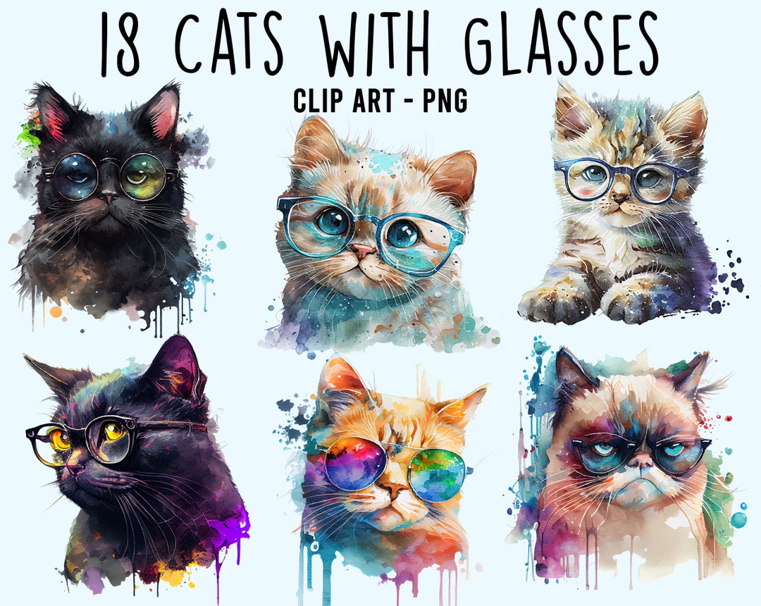 Watercolor Cats With Glasses Clipart - Mystical Fantasy Dreamy Kitten ...