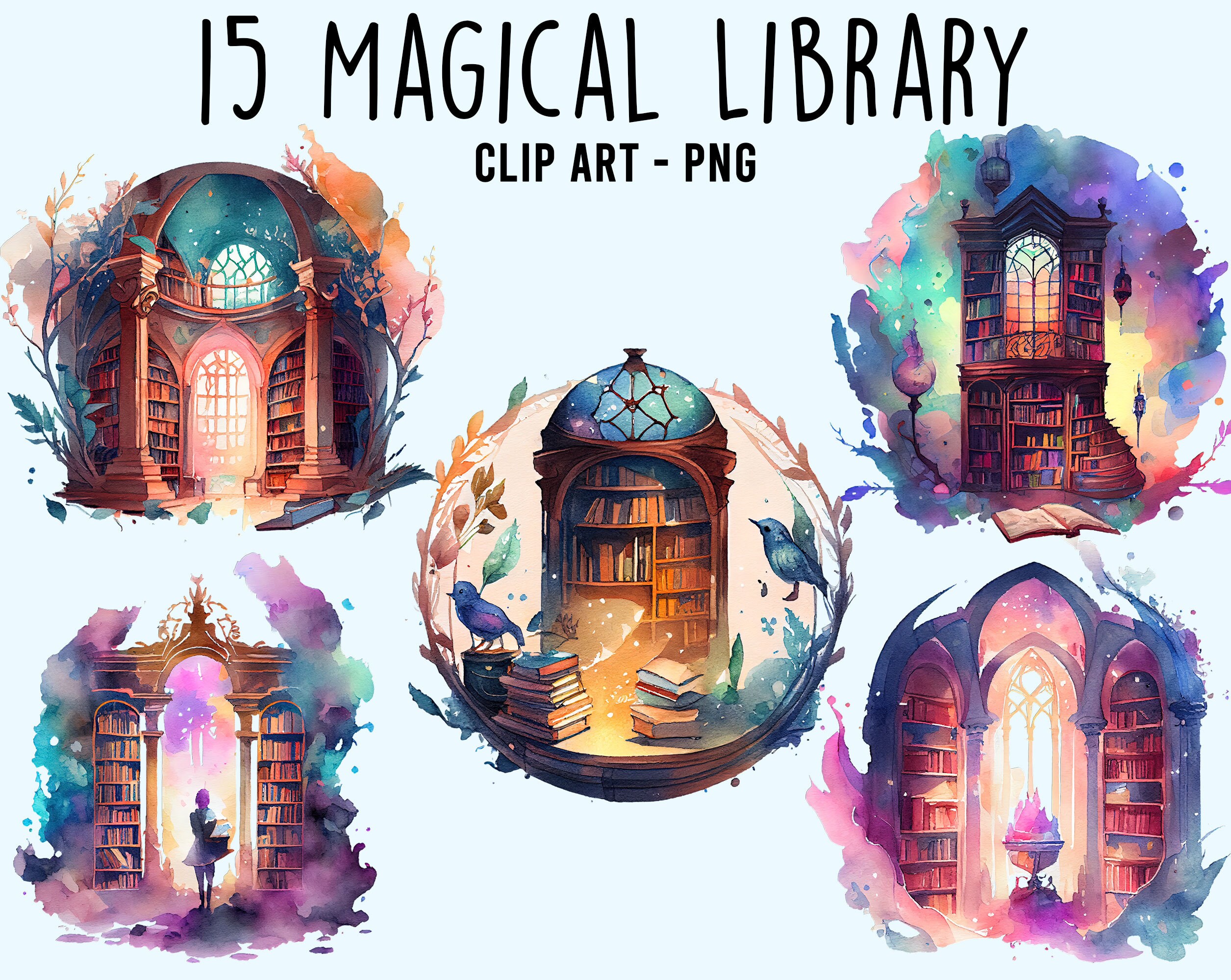 Watercolor Magical Library Clipart Mystical Fantasy Dreamy Books ...