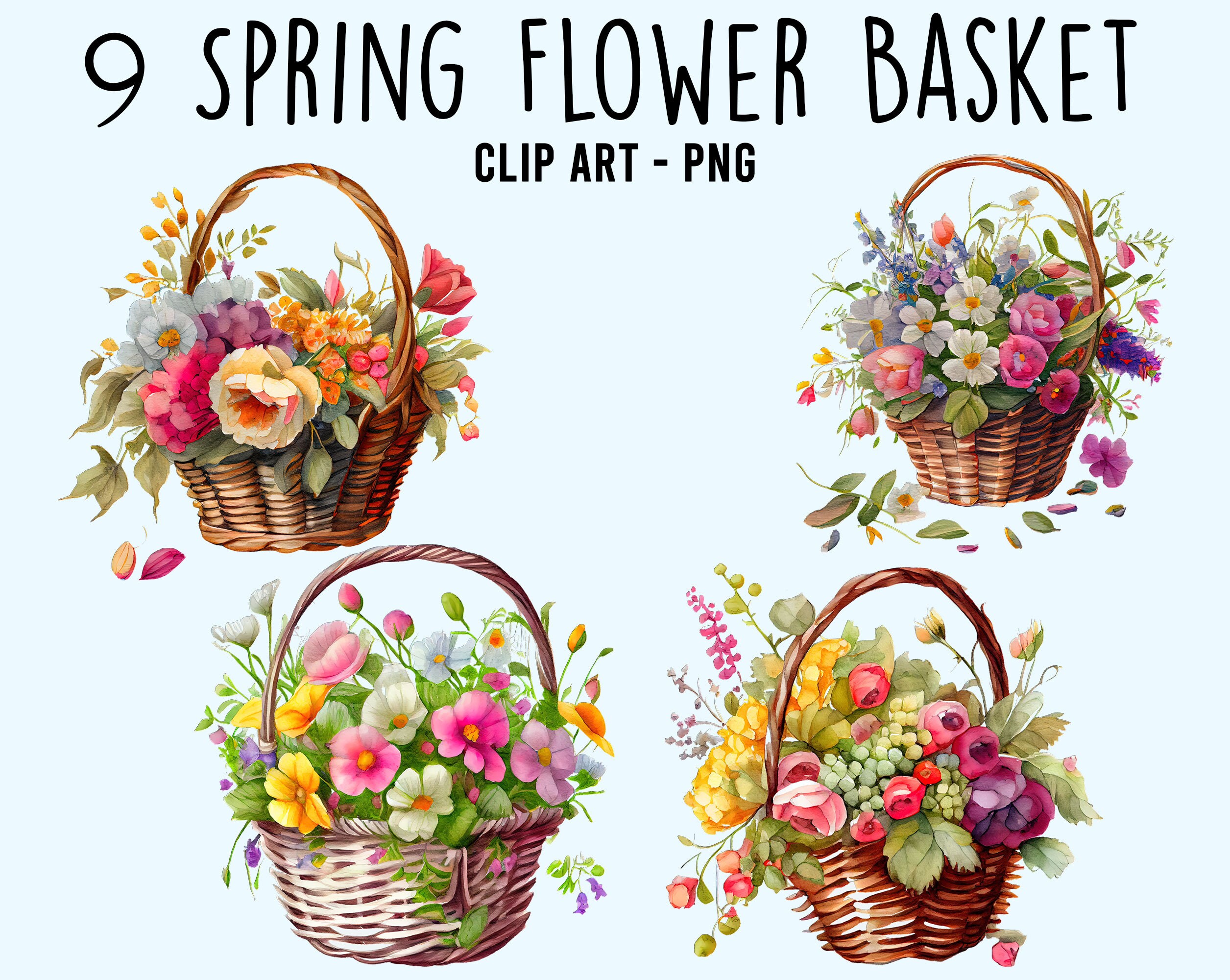 Watercolor Spring Flower Basket Clipart Floral Digital Art Card Making ...