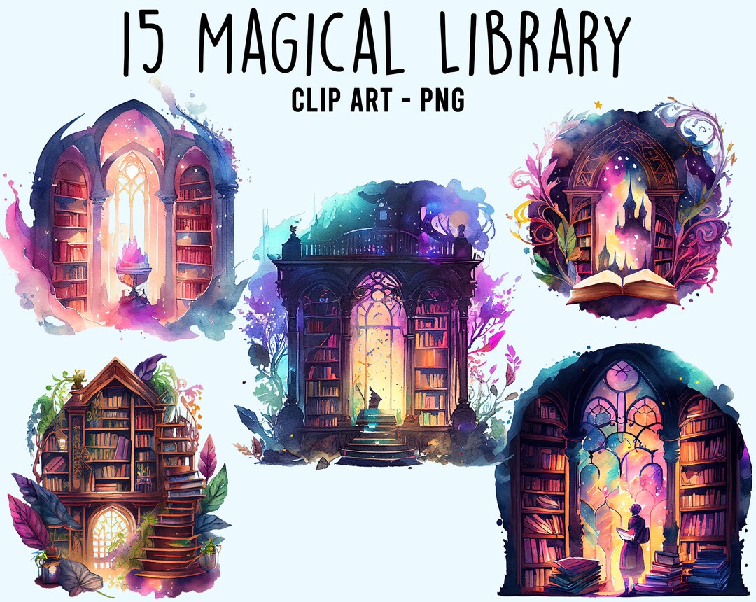 Watercolor Magical Library Clipart - Mystical Fantasy Dreamy Books ...