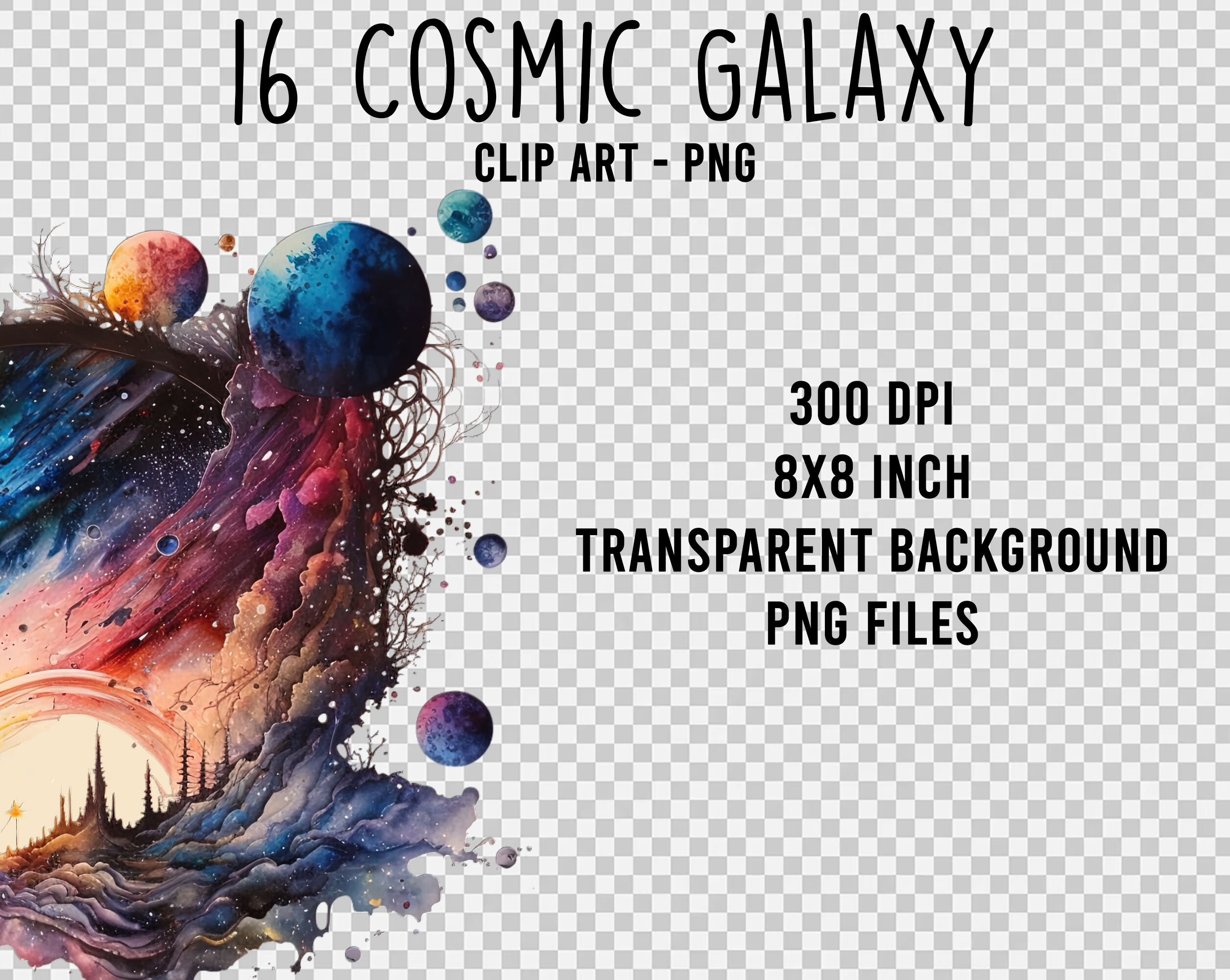 Watercolor Cosmic Galaxy Clipart - Space Planets Stars Moon Digital Art ...