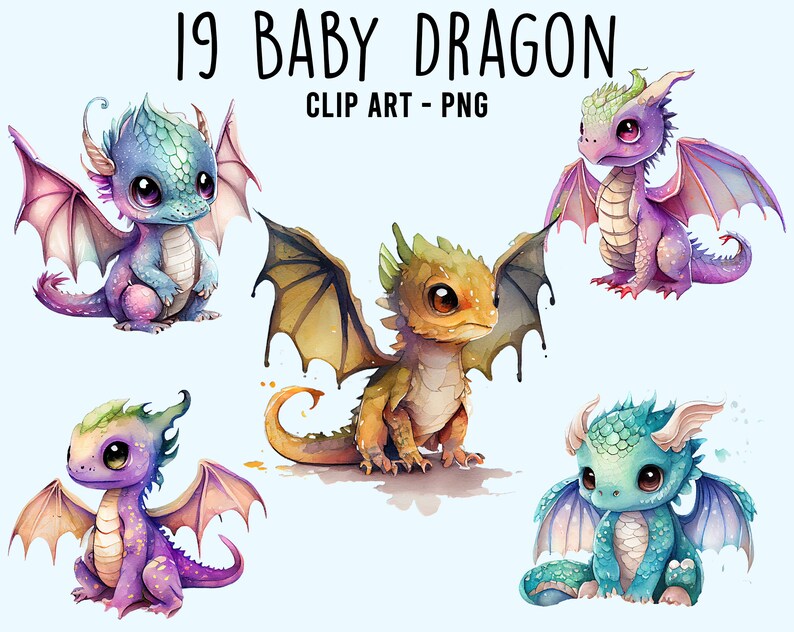 Watercolor Baby Dragon Clipart - Magical Fantasy Dreamy Cute Adorable ...