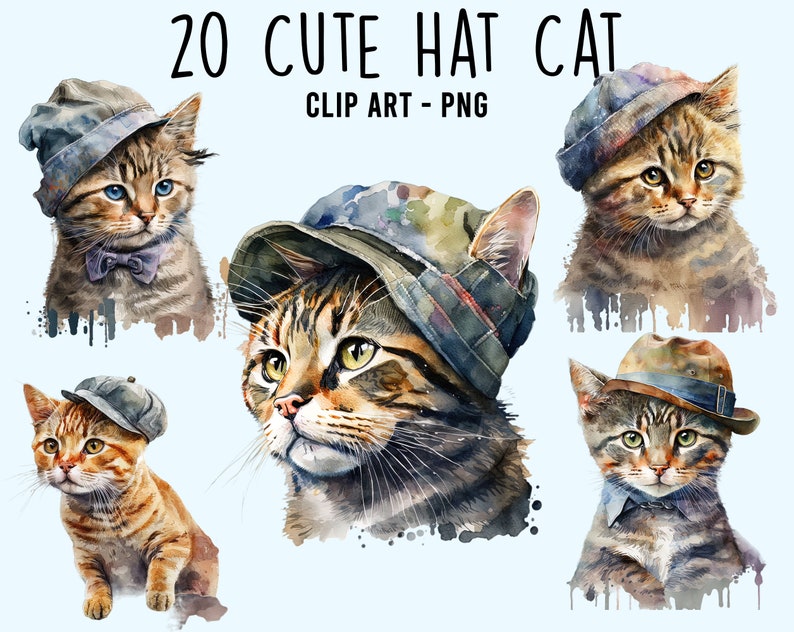 Watercolor Cute Cat Hat Clipart Kawaii Kitten Funny Grumpy Cat Digital ...