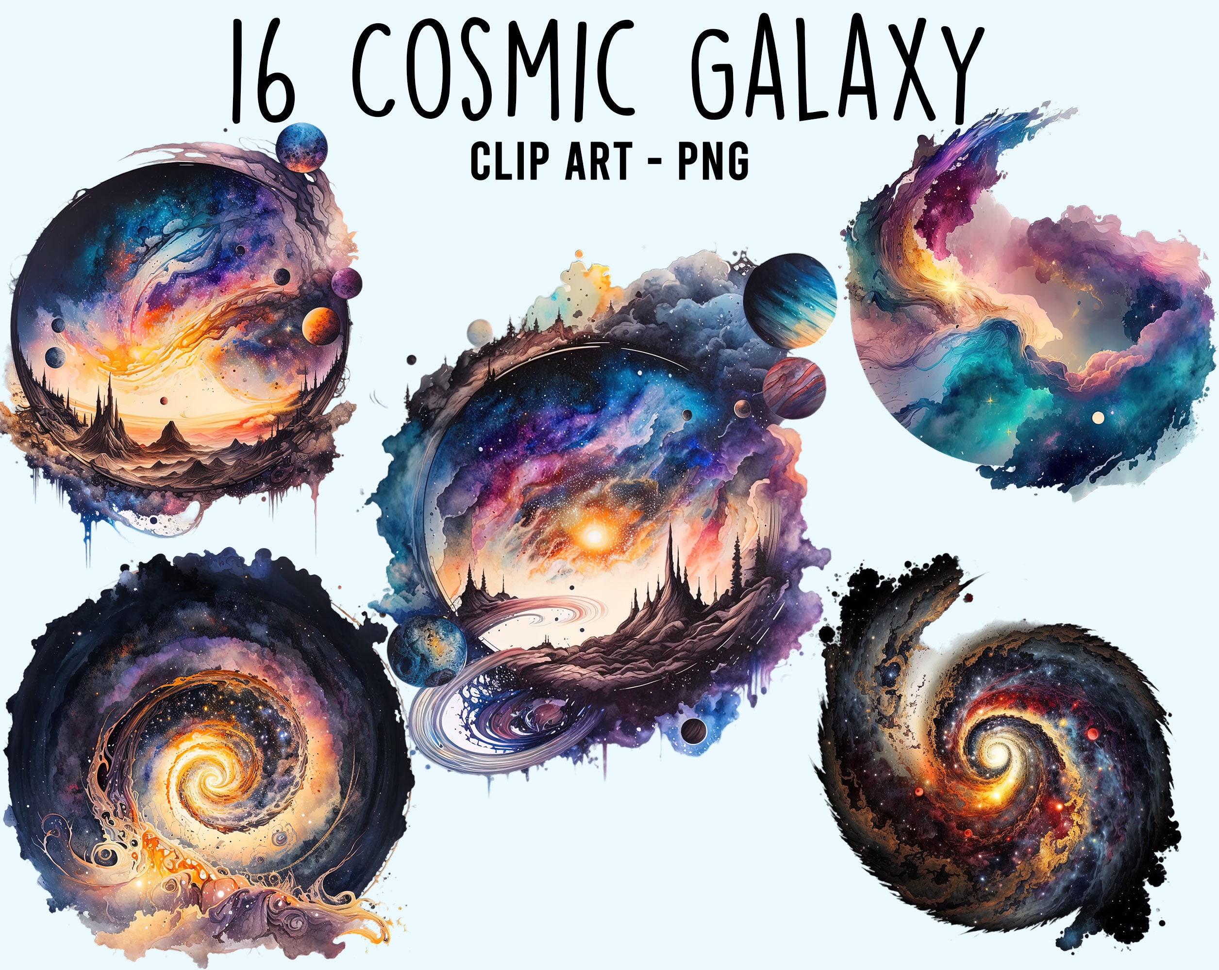 Watercolor Cosmic Galaxy Clipart - Space Planets Stars Moon Digital Art ...