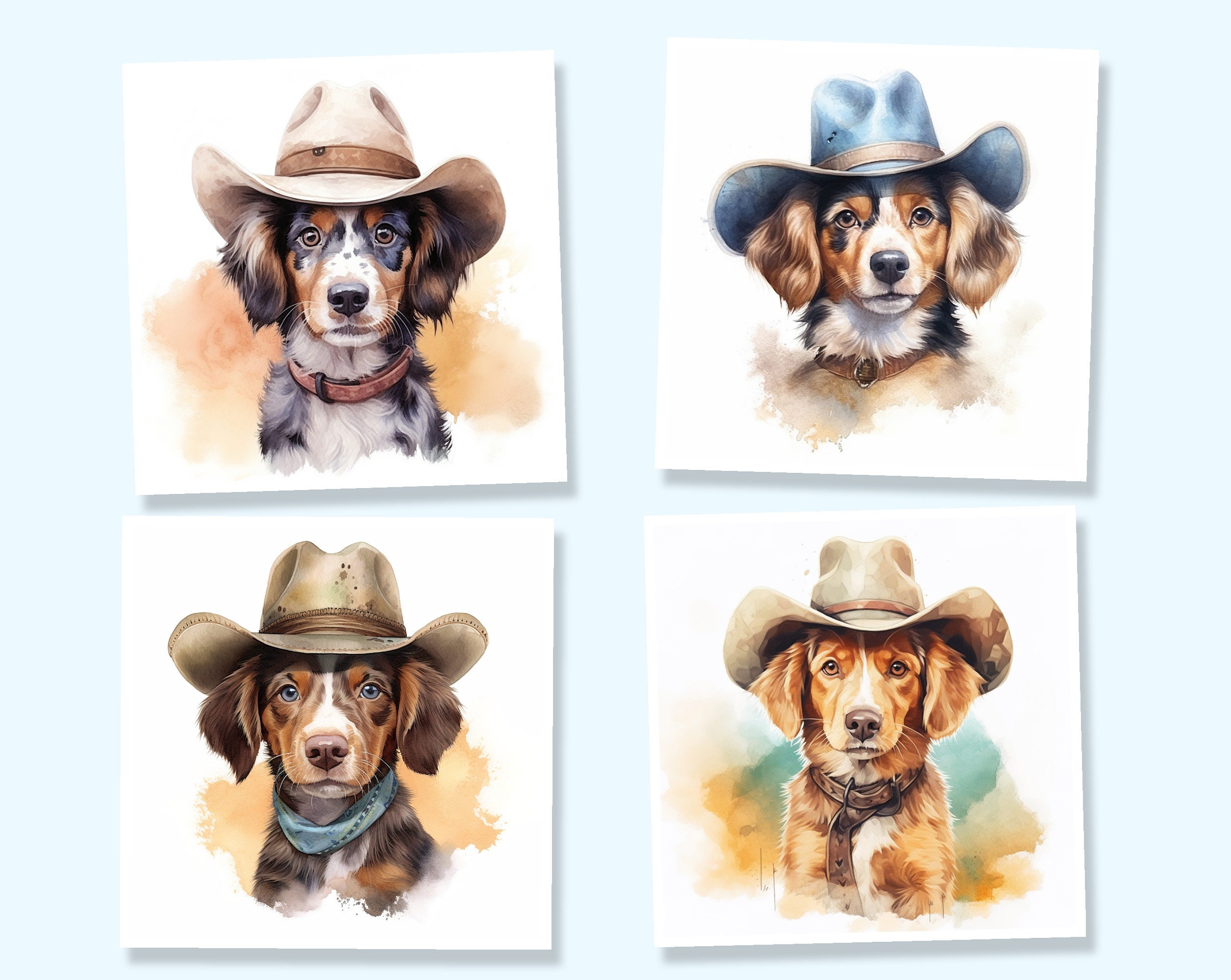 Dogs With Cowboy Hat Watercolor - 16 High Quality Jpgs - Digital ...
