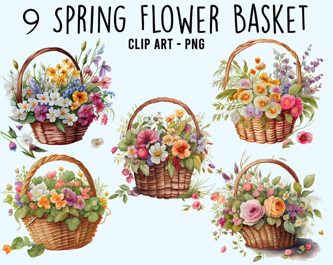 Watercolor Spring Flower Basket Clipart - Floral Digital Art Card ...