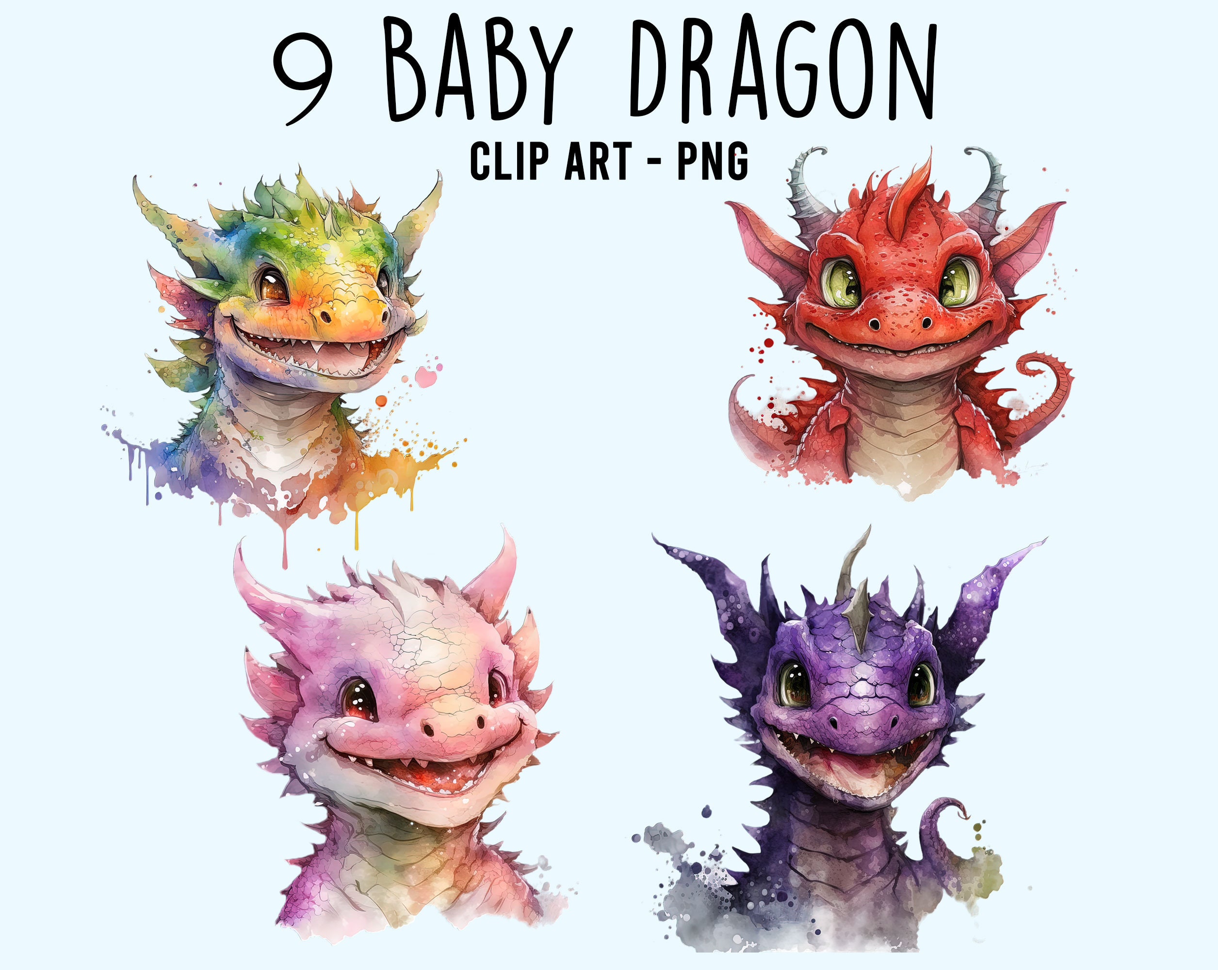 Watercolor Baby Dragon Headshot Clipart Magical Fantasy Dreamy Cute ...