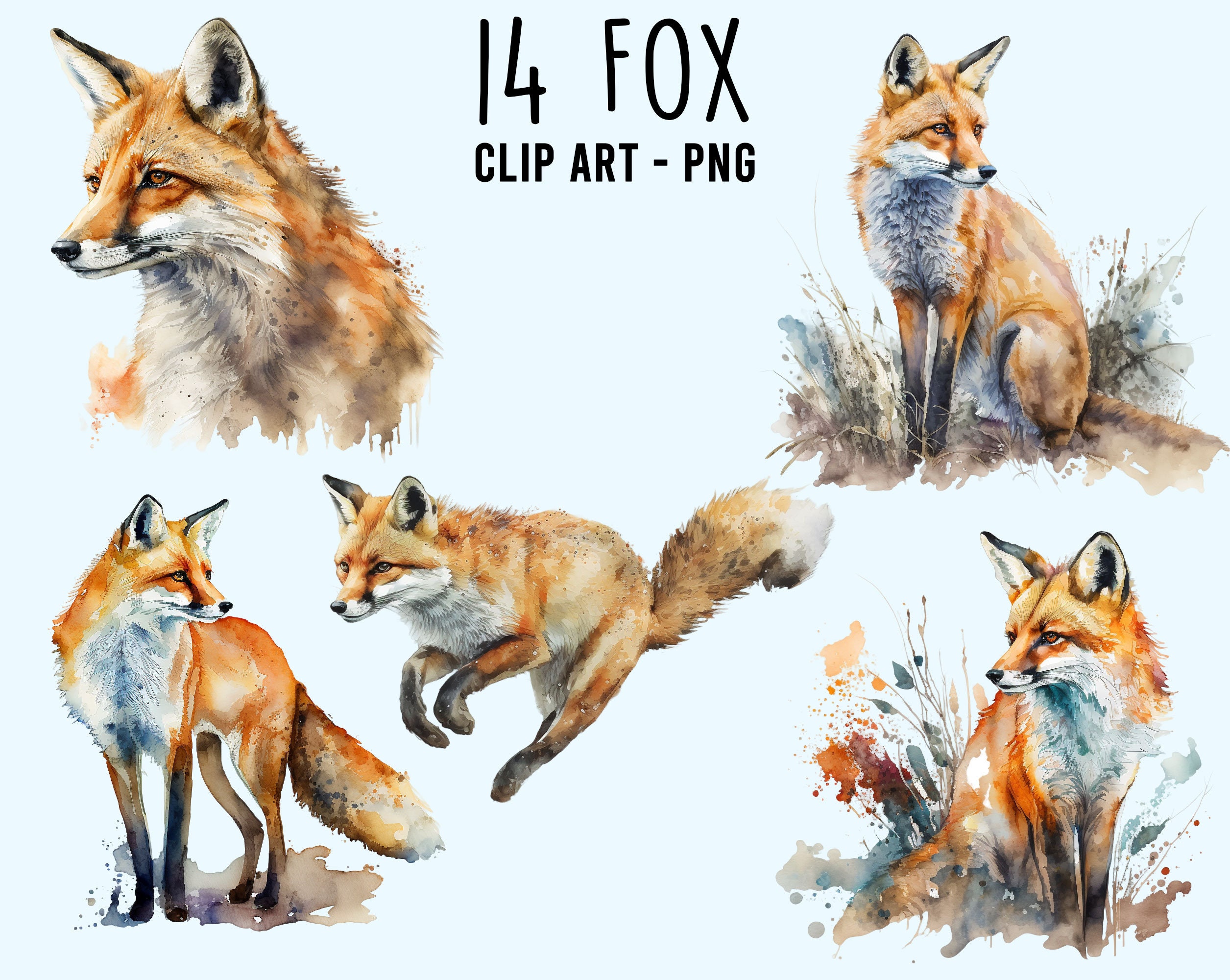 Watercolor Fox Clipart - Foxes Cute Adorable Digital Art Card Making ...