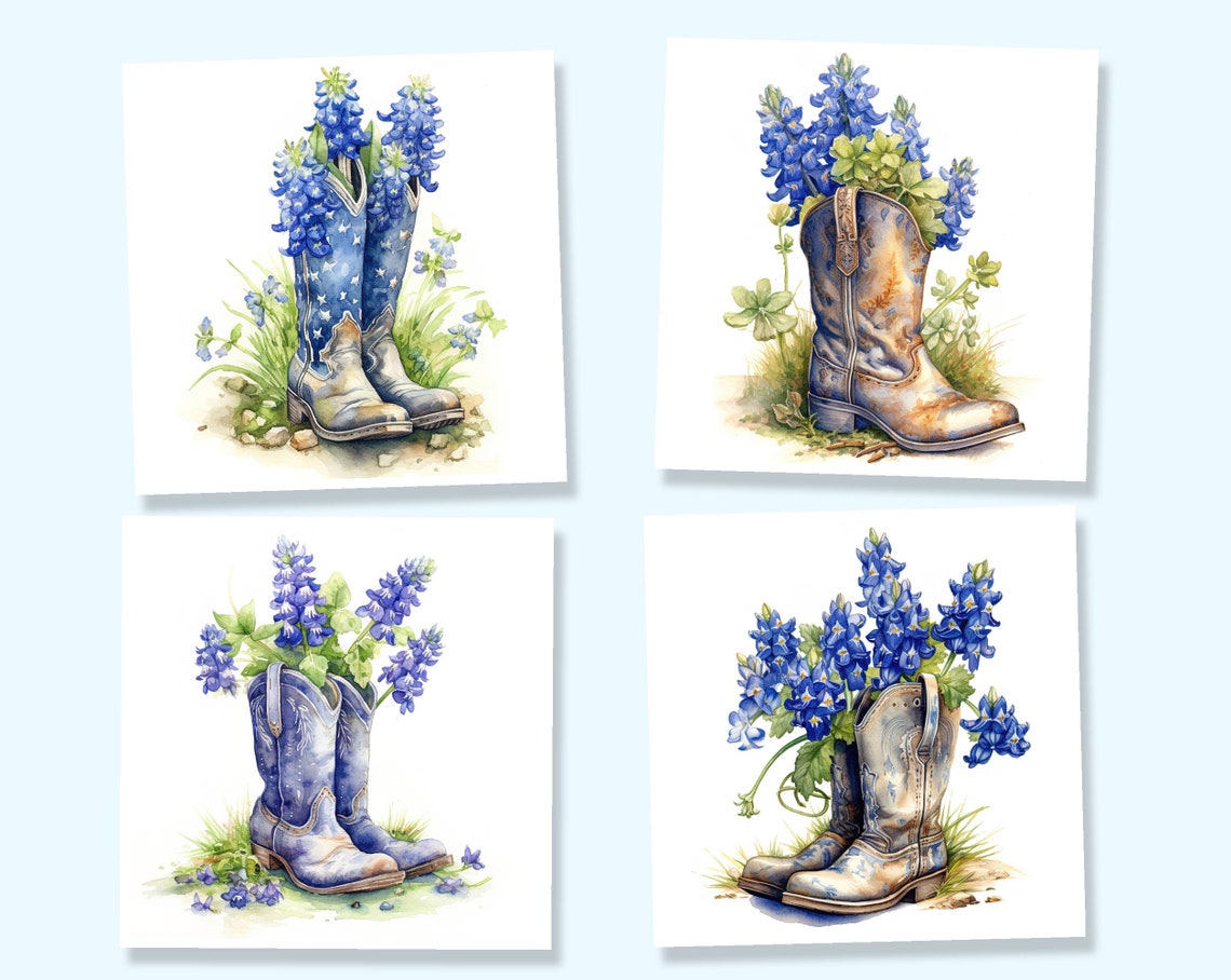 Cowboy Boots and Bluebonnets Watercolor 14 High Quality Jpgs - Etsy
