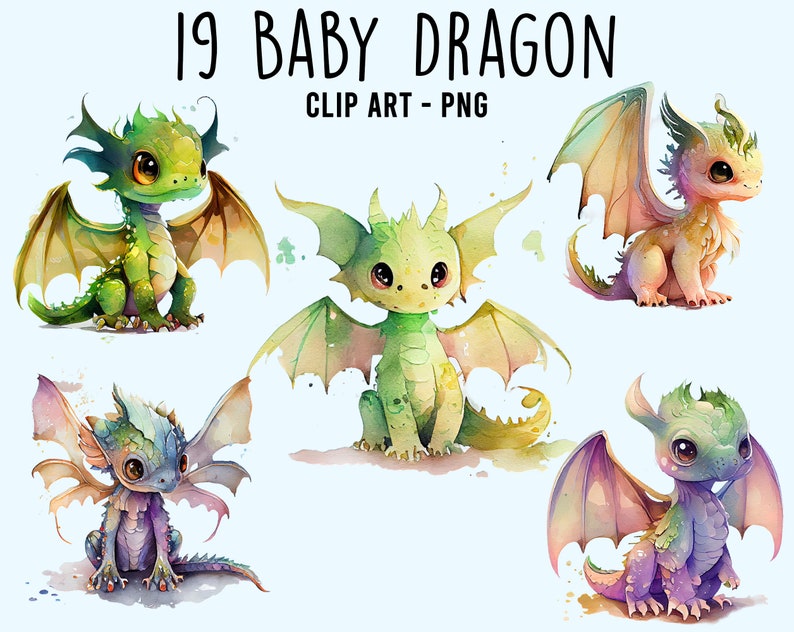 Watercolor Baby Dragon Clipart - Magical Fantasy Dreamy Cute Adorable ...