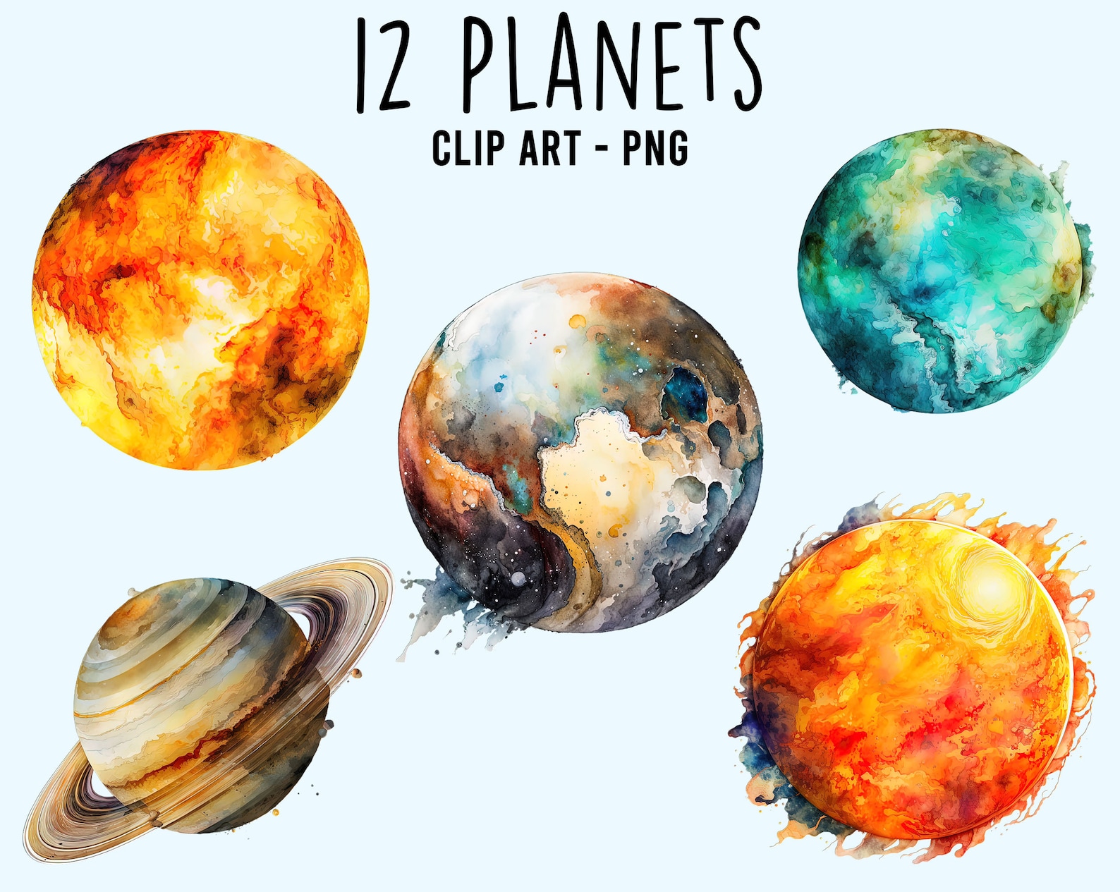 Watercolor Planets Clipart Space Planets Stars Moon Digital - Etsy