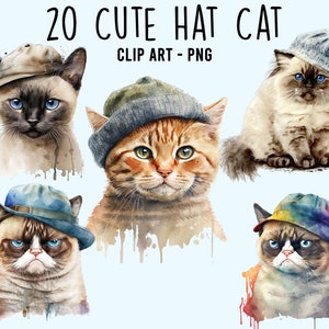 Watercolor Cute Cat Hat Clipart Kawaii Kitten Funny Grumpy Cat Digital ...
