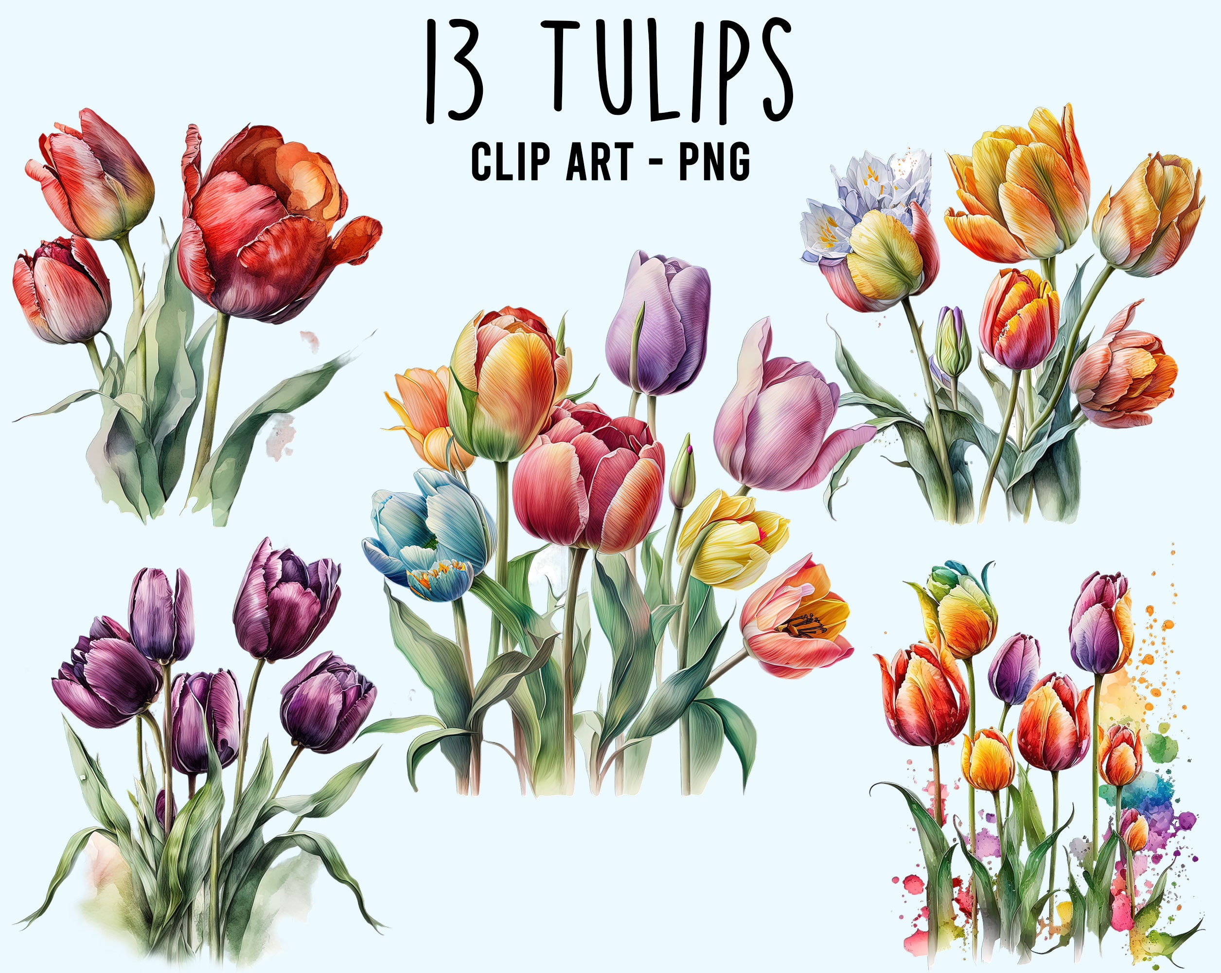 Watercolor Tulips Clipart - Easter Spring Floral Digital Art Card ...